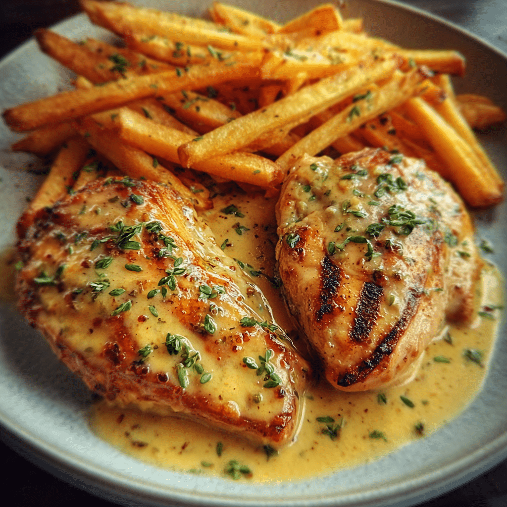 Chicken Fillet in Spicy, Creamy Garlic-Parmesan Sauce with Fries – Mary ...
